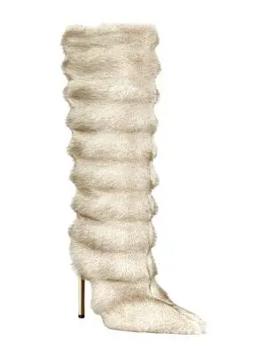 AZALEA WANG Faux Fur Knee High Stiletto Boots - Beige