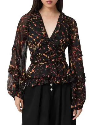 ALLSAINTS Silvie Print Ruffle Top - Pardus Flame Brown