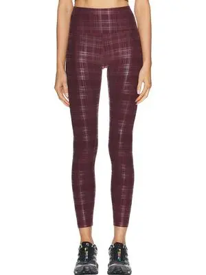 Beyond Yoga High Waisted Midi Legging In Burgundy - Plaid Foil Burgundy