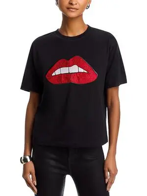 Aqua Embellished Lips T-Shirt Black