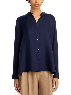 Eileen Fisher Silk Twill Mandarin Collar Top - Ink