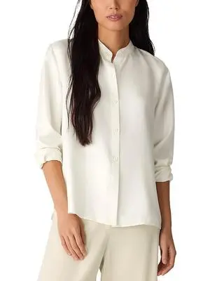 Eileen Fisher Silk Twill Mandarin Collar Top - Soft White