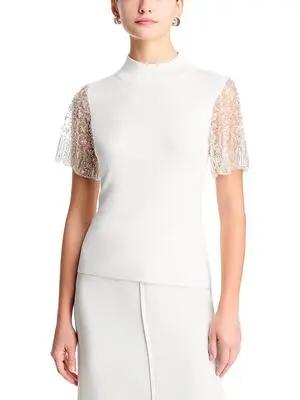 T Tahari Sequin & Beaded Flutter Sleeve Mock Neck Sweater - White Star