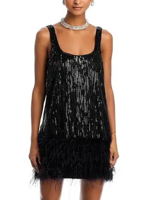 Aqua Ostrich Feather Sequin Mini Dress Black