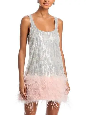 Aqua Ostrich Feather Sequin Mini Dress - Silver