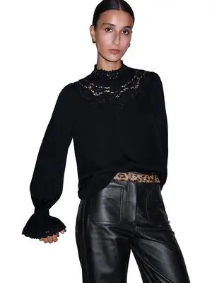 ME+EM Silk Embroidered High-neck Top - Black