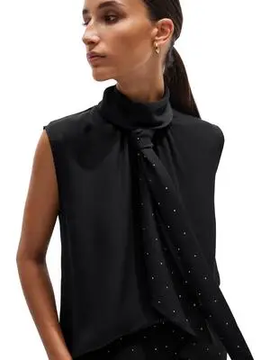 ME+EM Silk Sleeveless Top With Embellished Scarf - Black