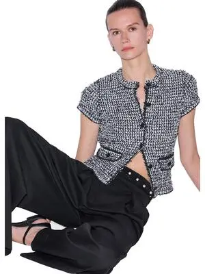 ME+EM Tweed Knit Crop Jacket With Pouf Sleeves - Black/white