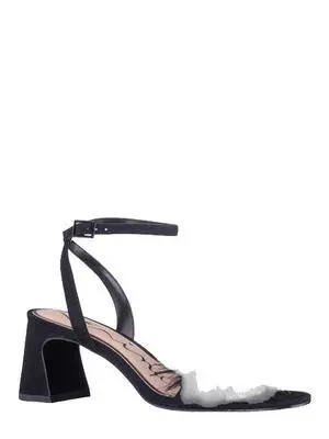 Nina Ankle Strap Feathered Sandals - Black