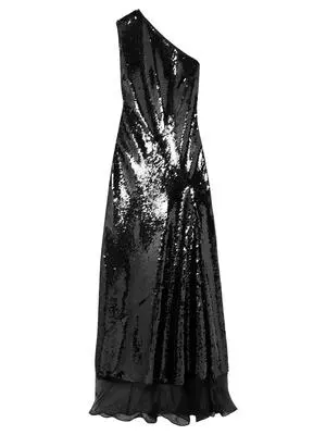 Stella McCartney One-shoulder Sequined Tulle Gown With Chiffon Trim - Black