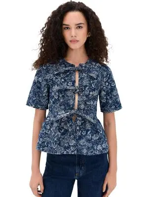 GANNI Tapestry Denim Peplum Blouse - Mid Blue Stone