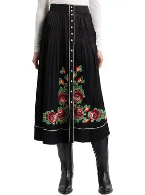 The Great. Pleated Embroidered Skirt - Black