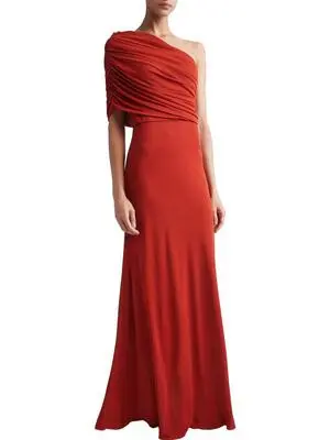 Giambattista Valli Ruched One-shoulder Knit Gown - Brick