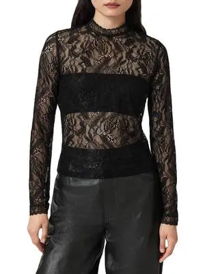 ALLSAINTS Aria Embroidered Lace Long Sleeve Shirt - Black