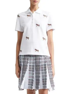 Thom Browne Horse Embroidered Short Sleeve Polo - White
