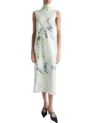 JASON WU Watercolor Floral Satin Midi Dress - Light Jade Multi