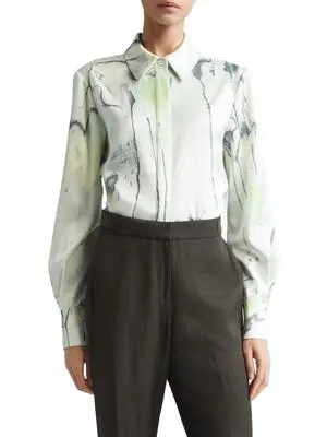 JASON WU Watercolor Floral Silk Twill Button-up Shirt - Light Jade Multi