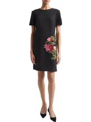 Carolina Herrera Floral Embroidered Stretch Wool Shift Dress - Black Multi