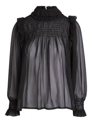 Saint Laurent Ruffled Sheer Silk Blouse - Black