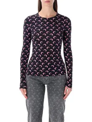 MARINE SERRE Moon Printed Jersey Long Sleeve Crewneck Top - Black Pink Moon
