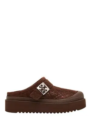 Tory Burch Mellow Shearling Platform T Monogram Mules - Dark Cocoa