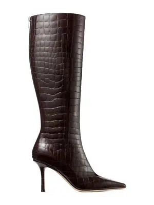 JIMMY CHOO Agathe 85 Croc-embossed Knee Boots - Brown