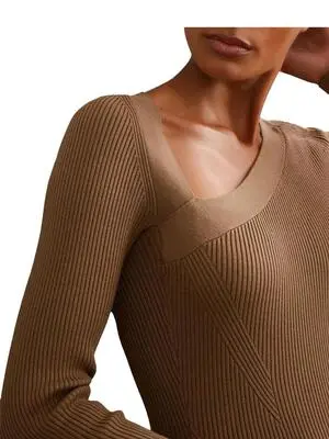 REISS Zeta Asymmetric Rib-knit Midi Dress - Camel