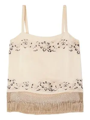 BODE Phantasm Fringed Embroidered Silk-Satin Camisole Neutrals