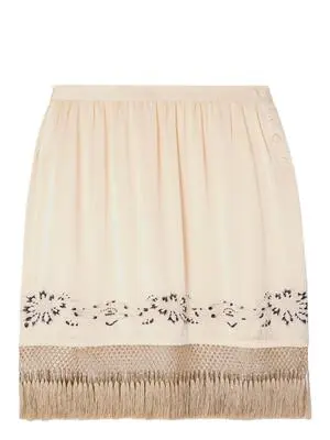BODE Phantasm Fringed Embroidered Silk-satin Mini Skirt - Neutrals