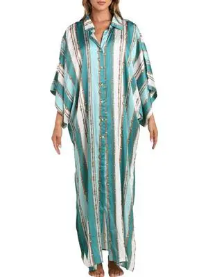 L'Agence Wrena Belt Stripe Satin Maxi Shirtdress - Green Multi