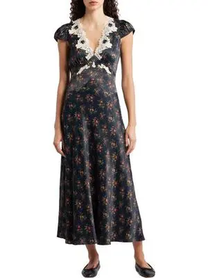 DÔEN Floral Satin Maxi Dress With Lace Detail - Fleur Du Palais