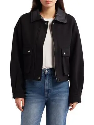 Lucky Brand Faux Leather Collar Crop Bomber Jacket - Black