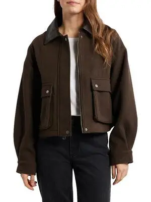 Lucky Brand Faux Leather Collar Crop Bomber Jacket - Espresso