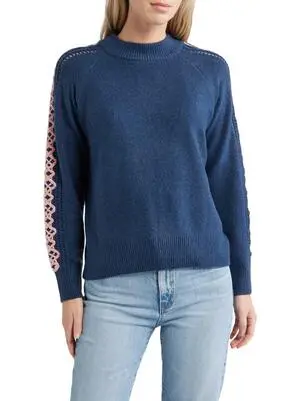 CITY BLUES Embroidered Sleeve Mock Neck Sweater - Cadet Blue