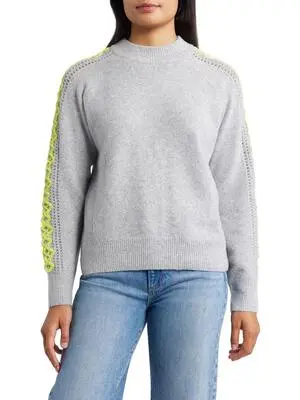 CITY BLUES Embroidered Sleeve Mock Neck Sweater - Heather Grey