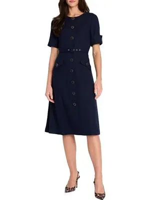 TAHARI ASL Belted Metallic Bouclé Dress - Navy