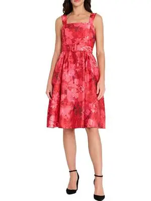 TAHARI ASL Floral Print Crinkle Belted Dress - Crimson