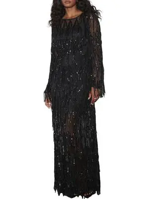 NEXT Sequin Tassel Long Sleeve Maxi Dress - Black