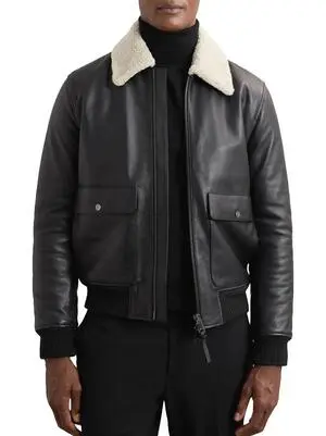 REISS Shearling Collar Leather Bomber Jacket - Black