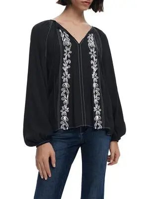 Desigual Embroidered Tie Neck Blouse - Black