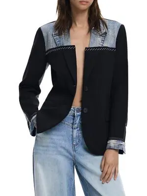 Desigual Denim Trim Notched Lapel Blazer - Dark Blue