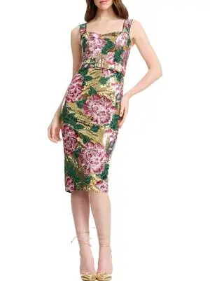 Dress The Population Nicole Sequin Floral Embroidered Midi Dress - Gold Multi