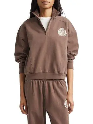 SPORTY & RICH Ny Crest Embroidered Half Zip Fleece Sweatshirt - Chocolate