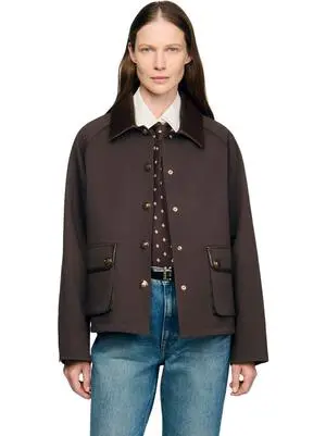 Sandro Gabardine Coat With Leather Collar - Brown