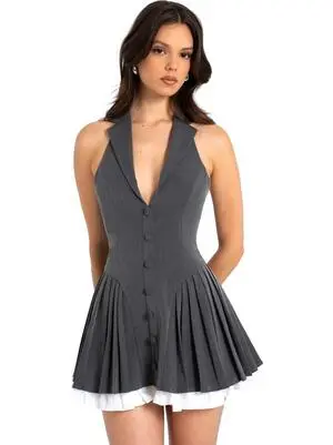 MISS CIRCLE Halter Neck Pleated Mini Dress - Grey