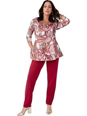 JESSICA LONDON Knit Crepe Sweetheart Neck Top - Clove Tea Rose Paisley