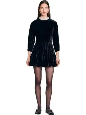 Sandro Beaded Velvet Mini Dress - Black