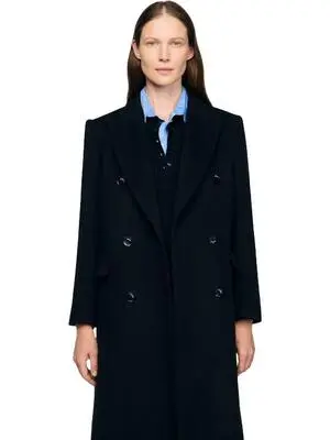 Sandro Long Wool Double-breasted Coat - Black