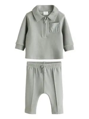 NEXT Half Zip Polo & Pleated Pants Set - Grey