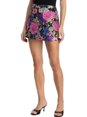 Aqua Floral Brocade Mini Skirt - Black/pink